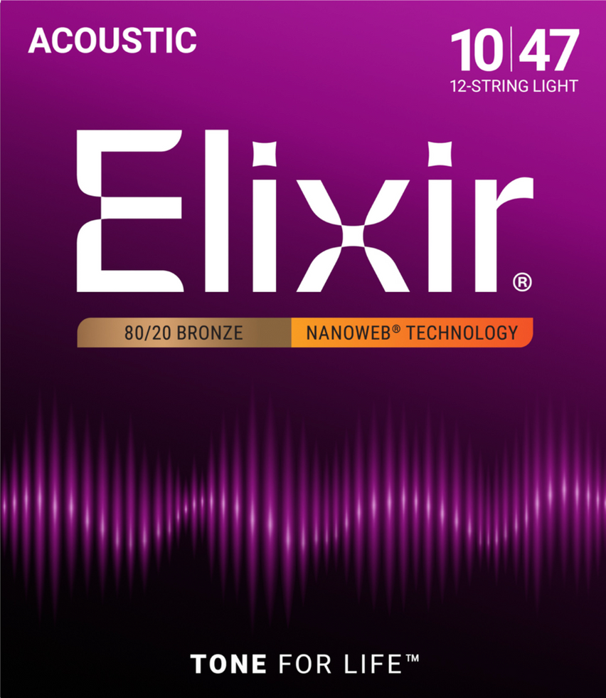 Elixir 11152 80/20 Bronze Nanoweb Light 10-47 Gauge 12-String Acoustic ...